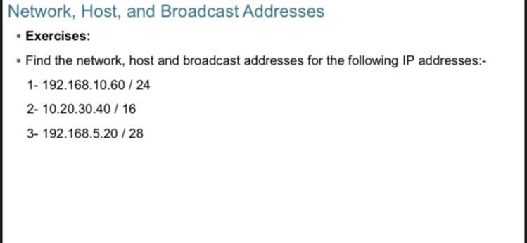 Solved Network, Host, and Broadcast Addresses . Exercises: . | Chegg.com