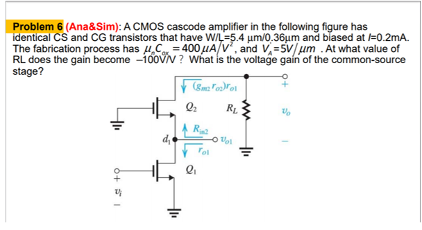 Solved Problem 6 (Ana&Sim): A CMOS cascode amplifier in the | Chegg.com