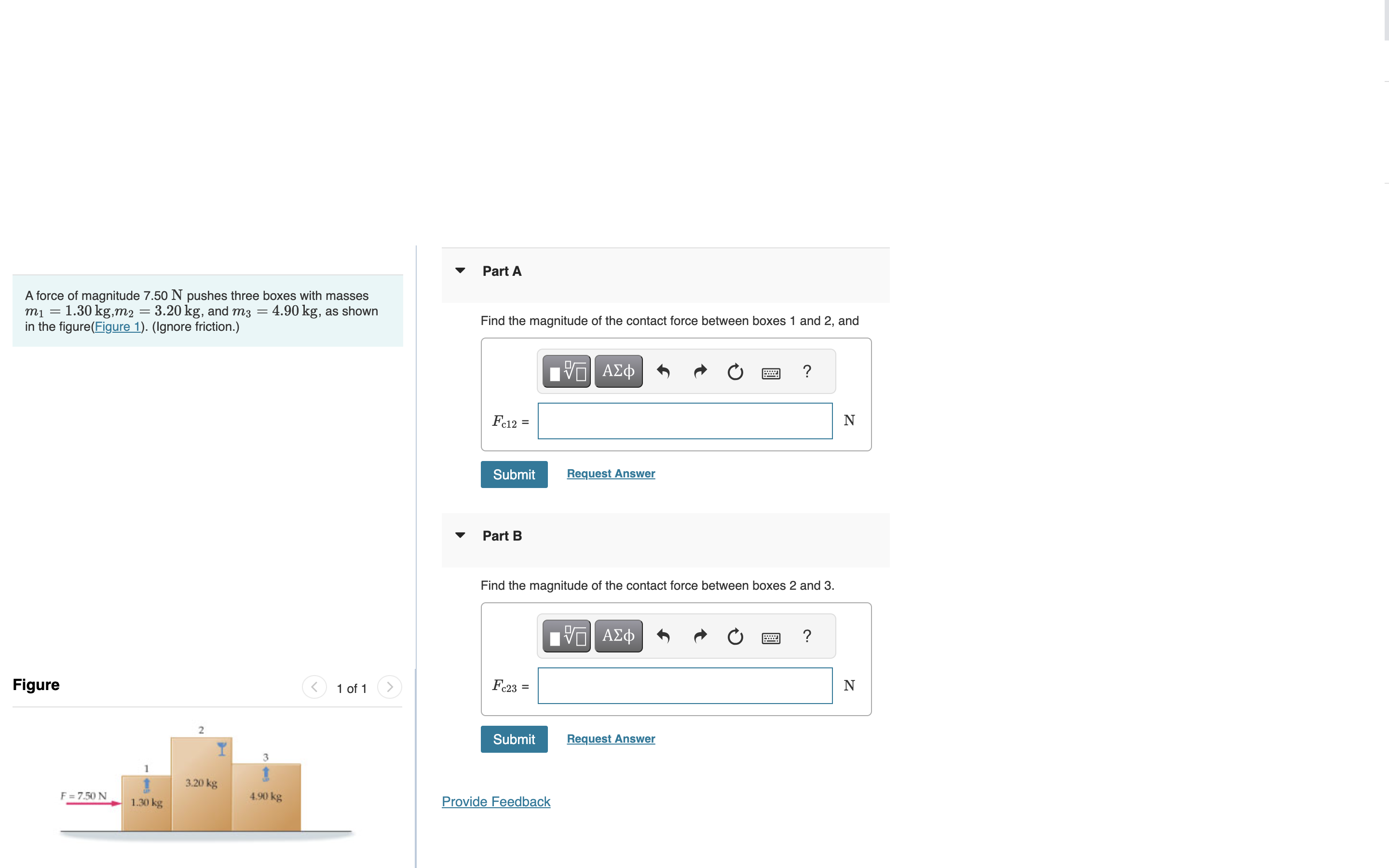 Solved A force of magnitude 7.50 N pushes three boxes with | Chegg.com