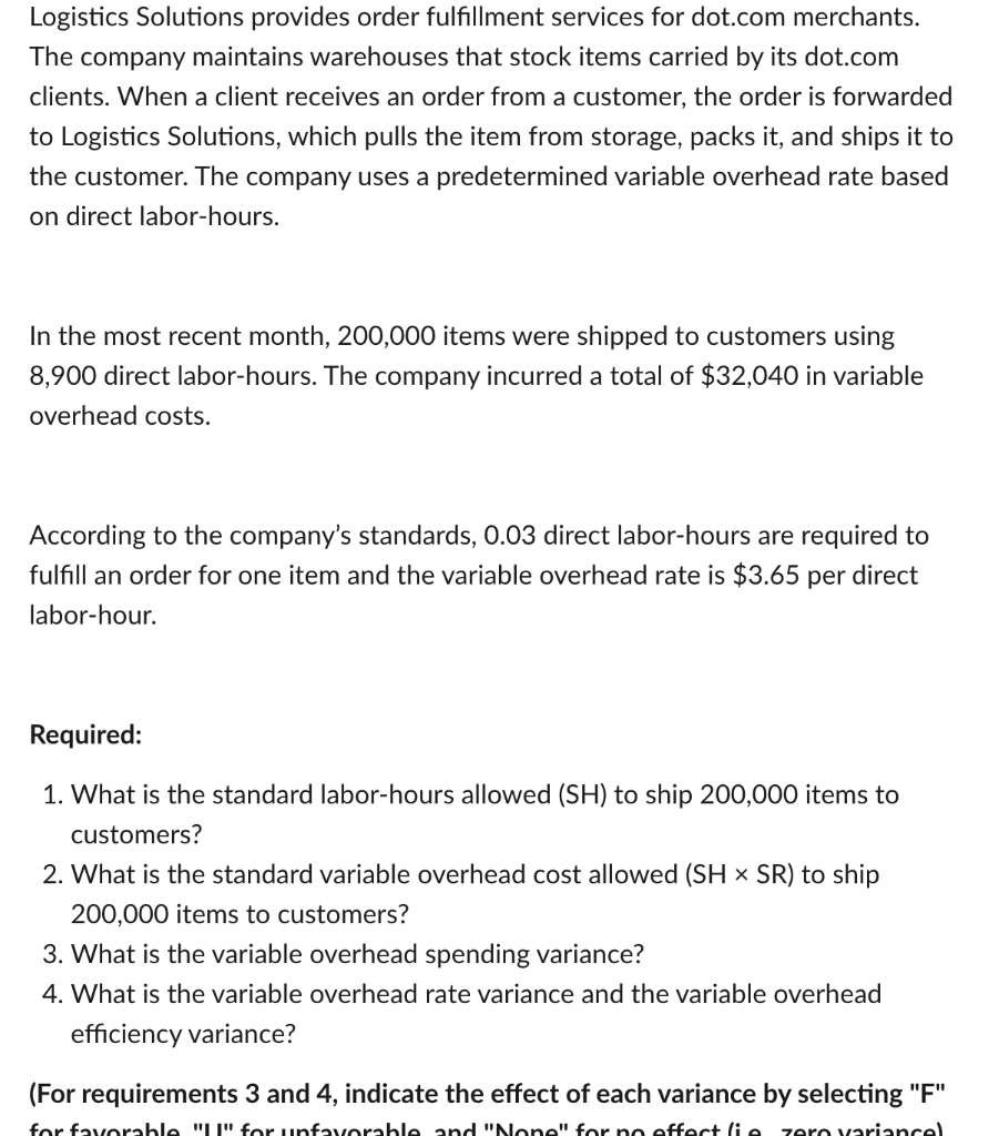 Solved Logistics Solutions provides order fulfillment | Chegg.com