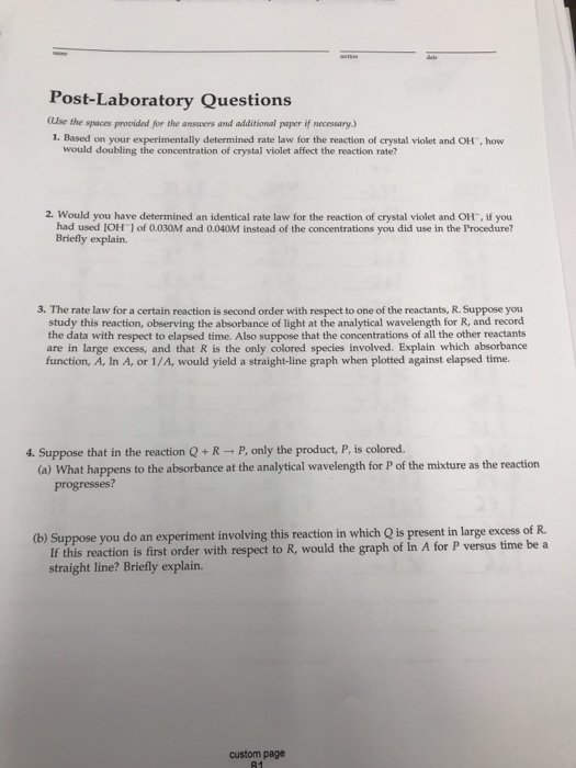 Solved Post-Laboratory Questions Use the spaces provided for | Chegg.com