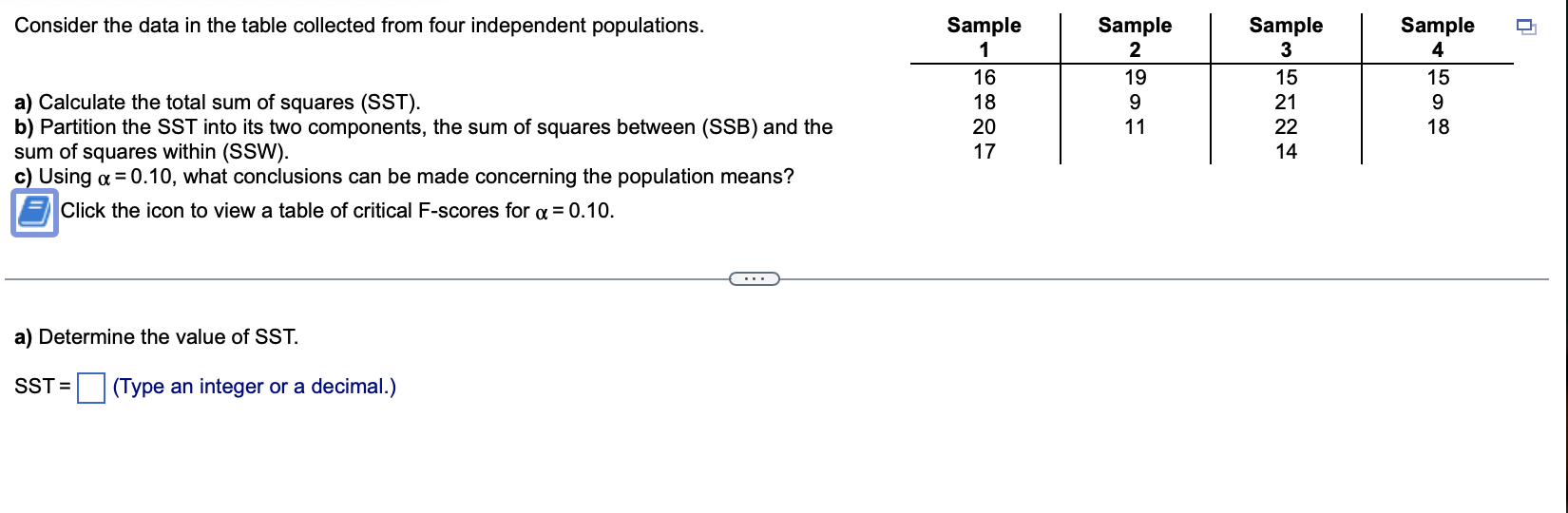 Solved A. Determine the value of SST. SST= B. Determine the | Chegg.com