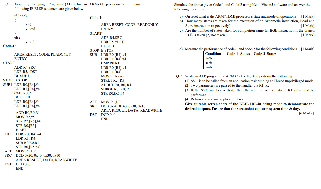Solved Q.1. Assembly Language Programs (ALP) for an ARMv4T | Chegg.com
