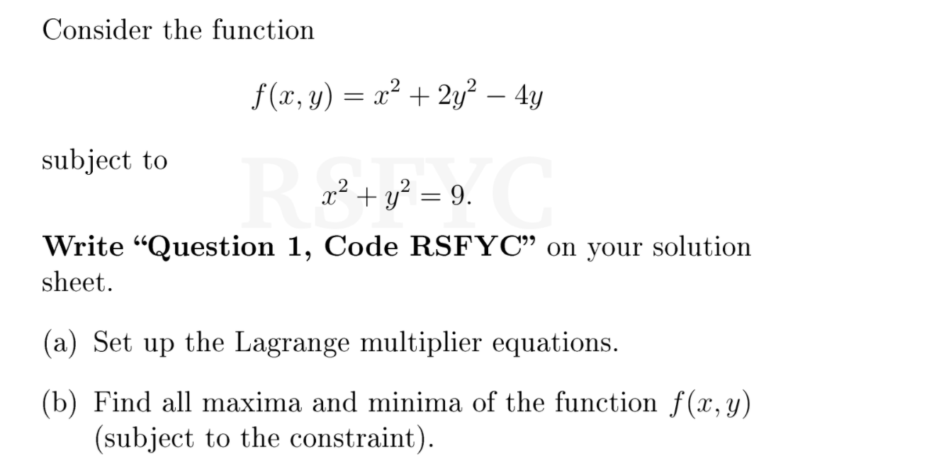 Solved Consider the function f(x, y) = x2 + 2y2 – 4y subject | Chegg.com
