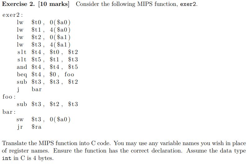 Solved ? Exercise 2. (10 marks] Consider the following MIPS | Chegg.com