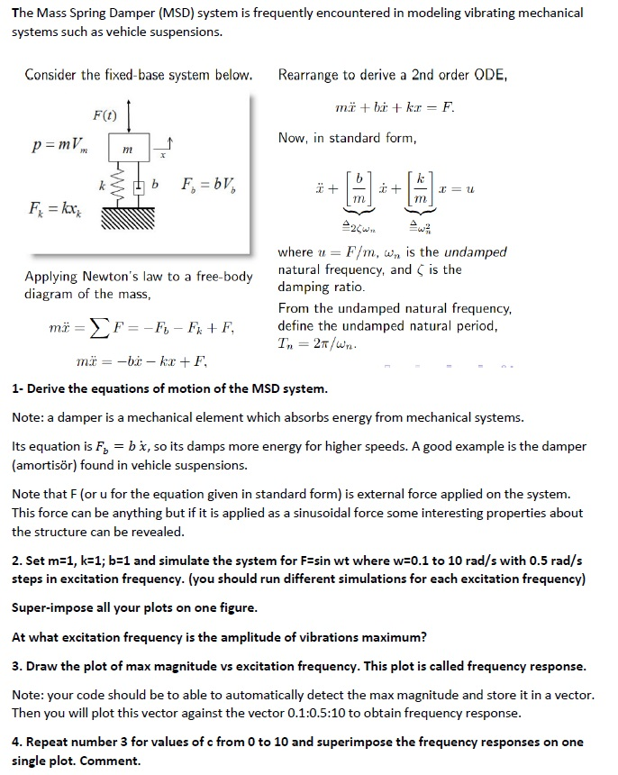 Solved The Mass Spring Damper (MSD) system is frequently | Chegg.com