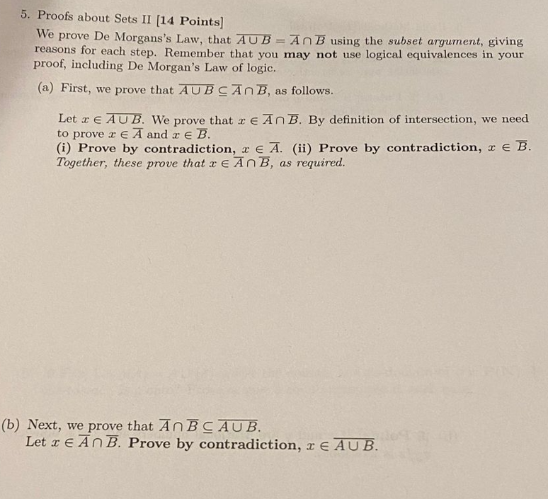 Solved 5. Proofs about Sets II [14 Points] We prove De | Chegg.com