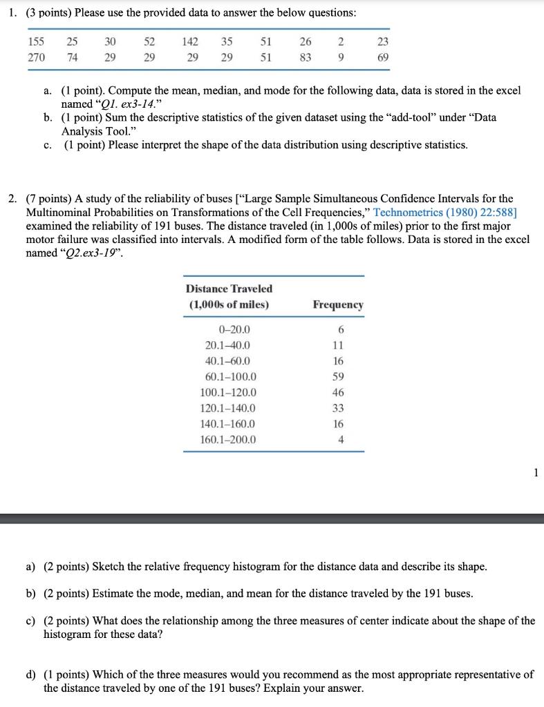 Solved 1. (3 points) Please use the provided data to answer | Chegg.com