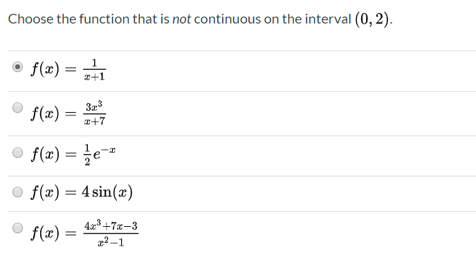 Solved Choose the function that is not continuous on the | Chegg.com