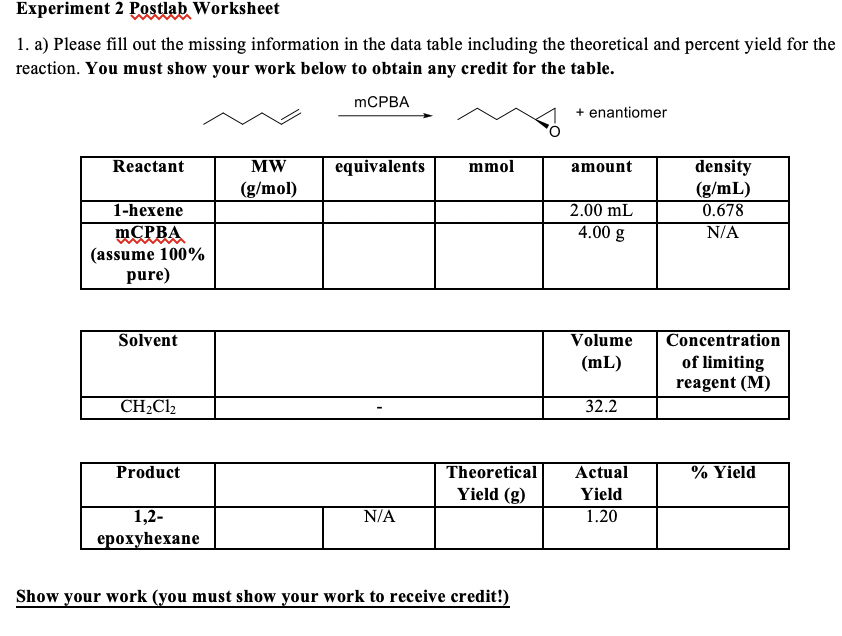 Solved Experiment 2 Postlab Worksheet 1. a) Please fill out | Chegg.com