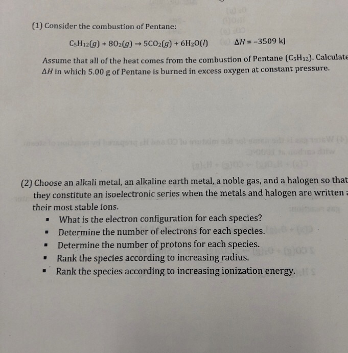 Solved (1) Consider the combustion of Pentane: GH 12(g) + | Chegg.com