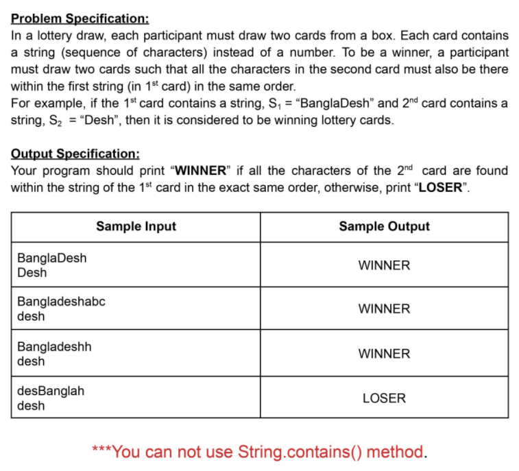 Solved Problem Specification: In a lottery draw, each | Chegg.com