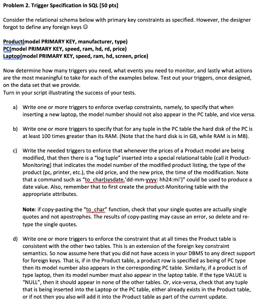 Problem 2. Trigger Specification in SQL [50 pts) | Chegg.com
