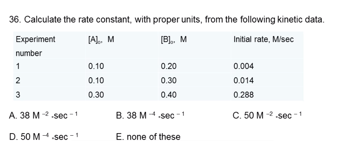 Solved 36. Calculate the rate constant, with proper units, | Chegg.com