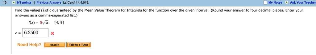 Solved 10. 0/1 points | Previous Answers LarCalc11 4.4.048. | Chegg.com