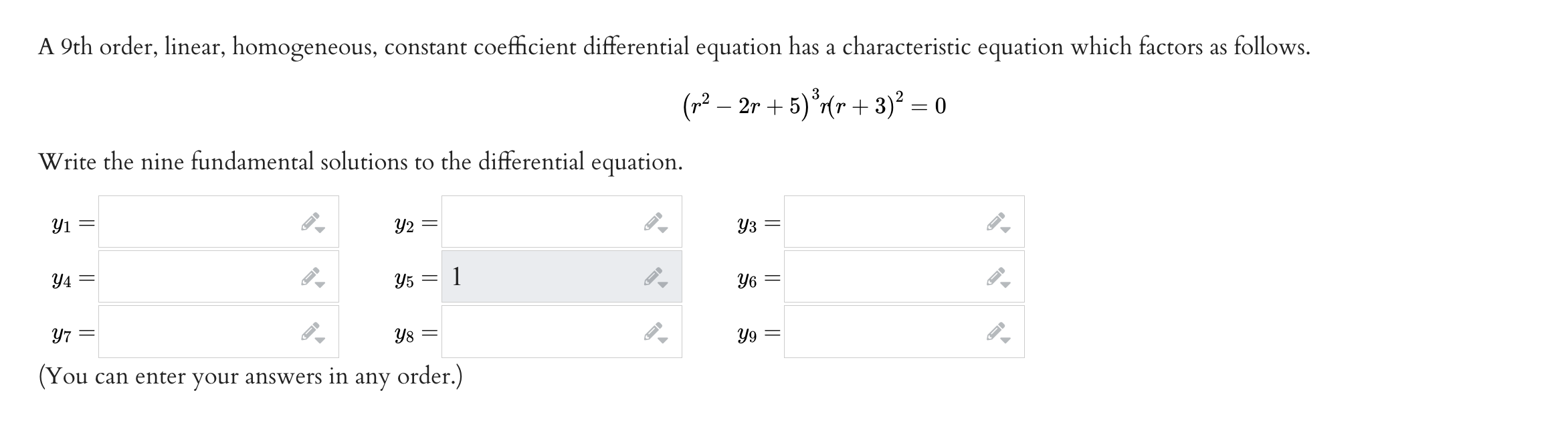 Solved (r2−2r+5)3r(r+3)2=0 Write the nine fundamental | Chegg.com