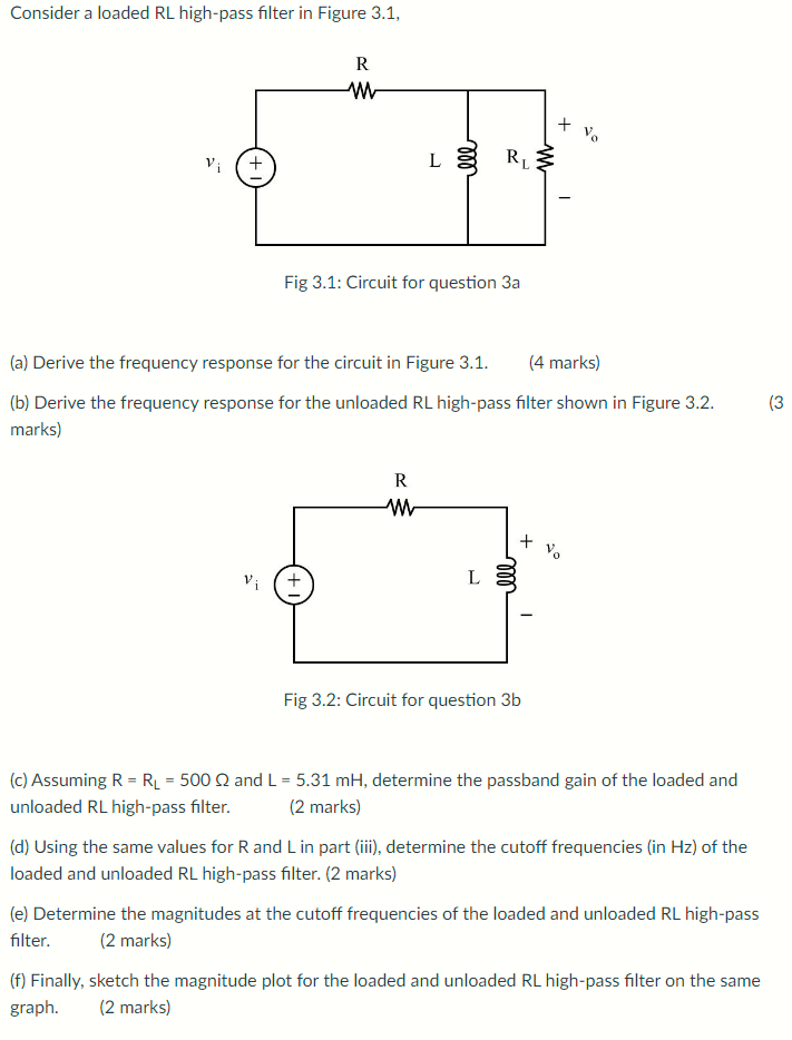 Solved Consider a loaded RL high-pass filter in Figure 3.1, | Chegg.com