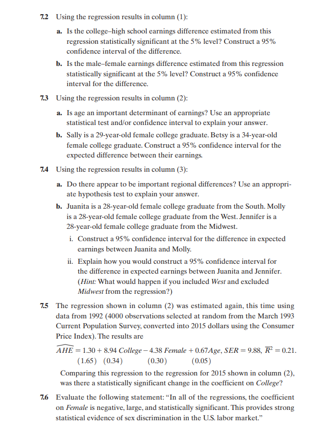 Solved Results of Regressions of Average Hourly Earnings on | Chegg.com