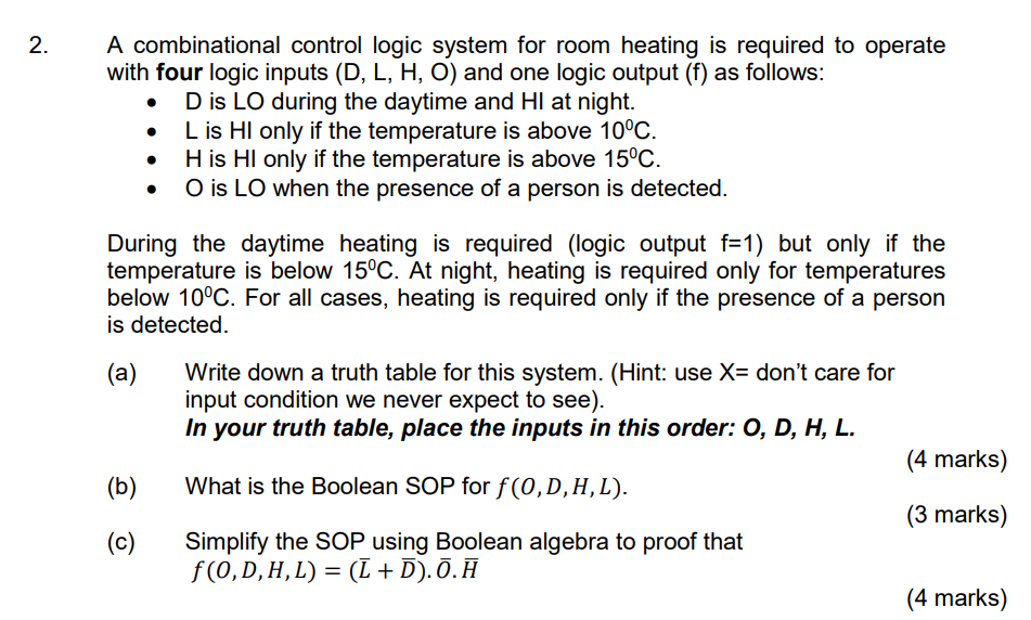 Solved 2. A combinational control logic system for room | Chegg.com