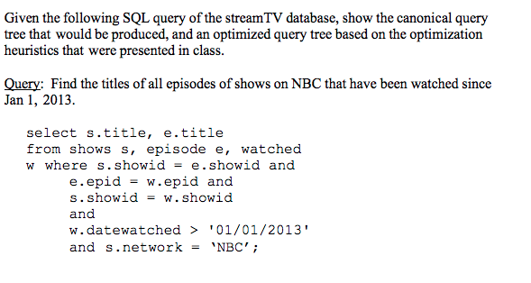 Solved Given the following SQL query of the stream TV | Chegg.com