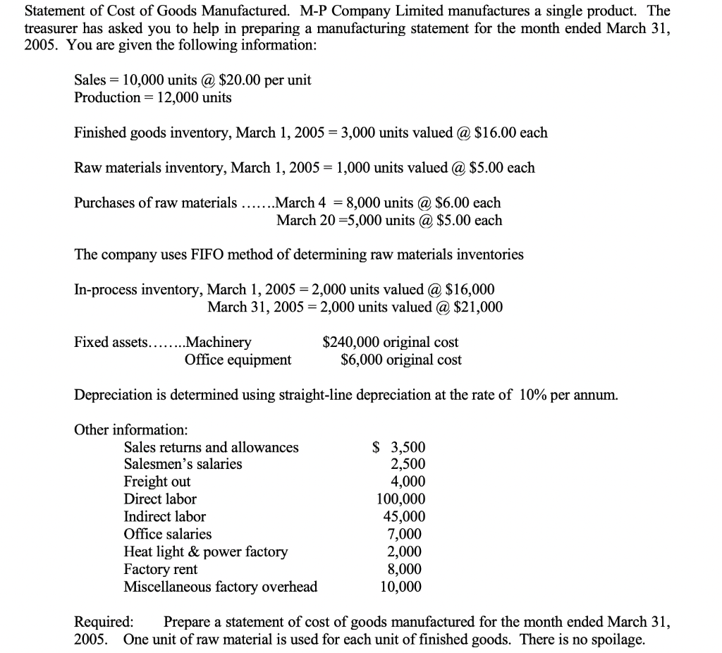 Solved Statement of Cost of Goods Manufactured. M-P Company | Chegg.com