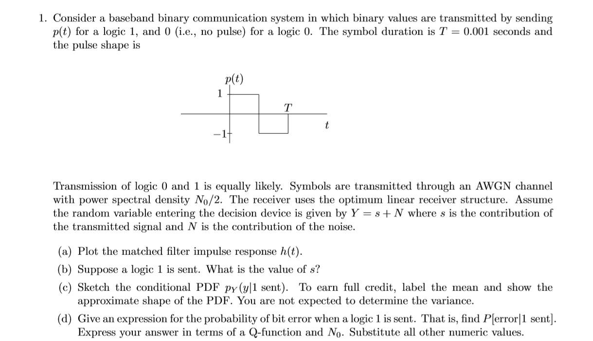 Solved 1. Consider a baseband binary communication system in | Chegg.com