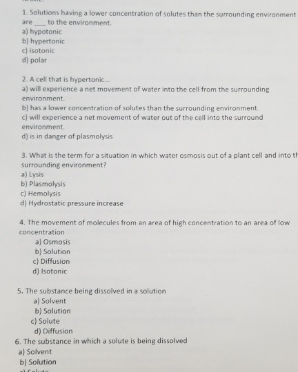 Solved 1. Solutions having a lower concentration of solutes | Chegg.com