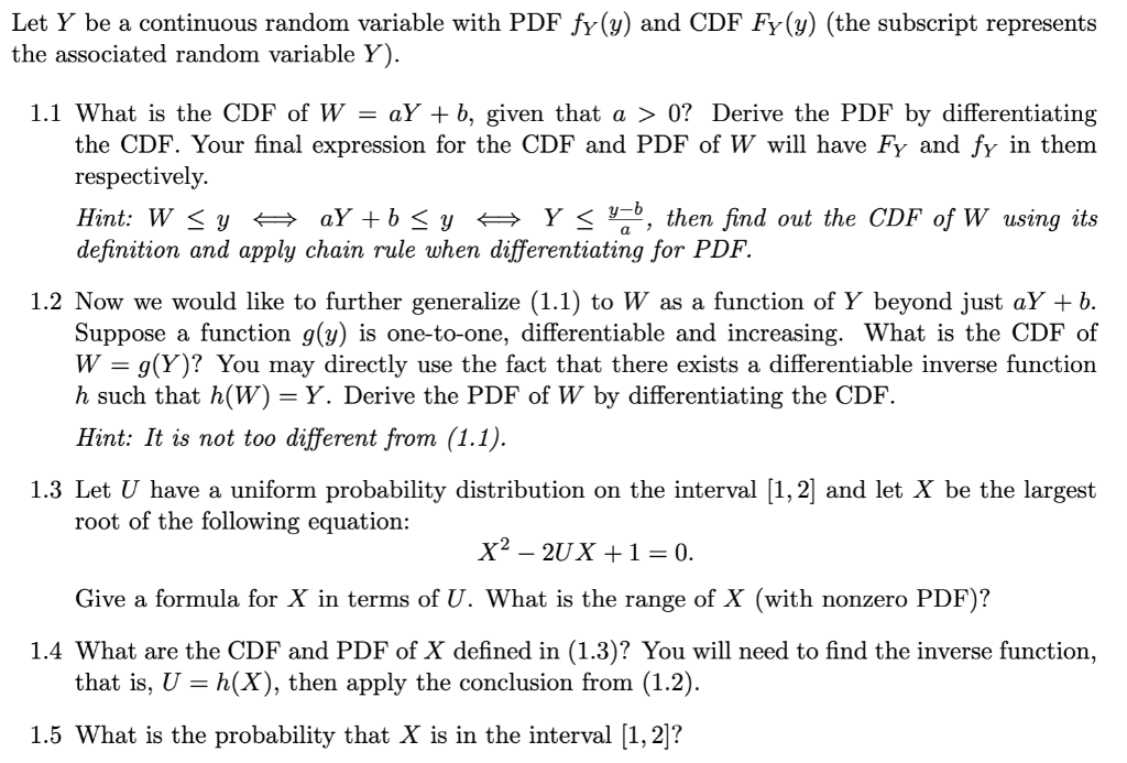 Solved Let Y be a continuous random variable with PDF fy(y) | Chegg.com