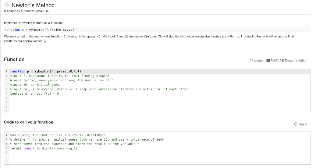 Solved Newton's Method O solutions submitted (max: 10) | Chegg.com
