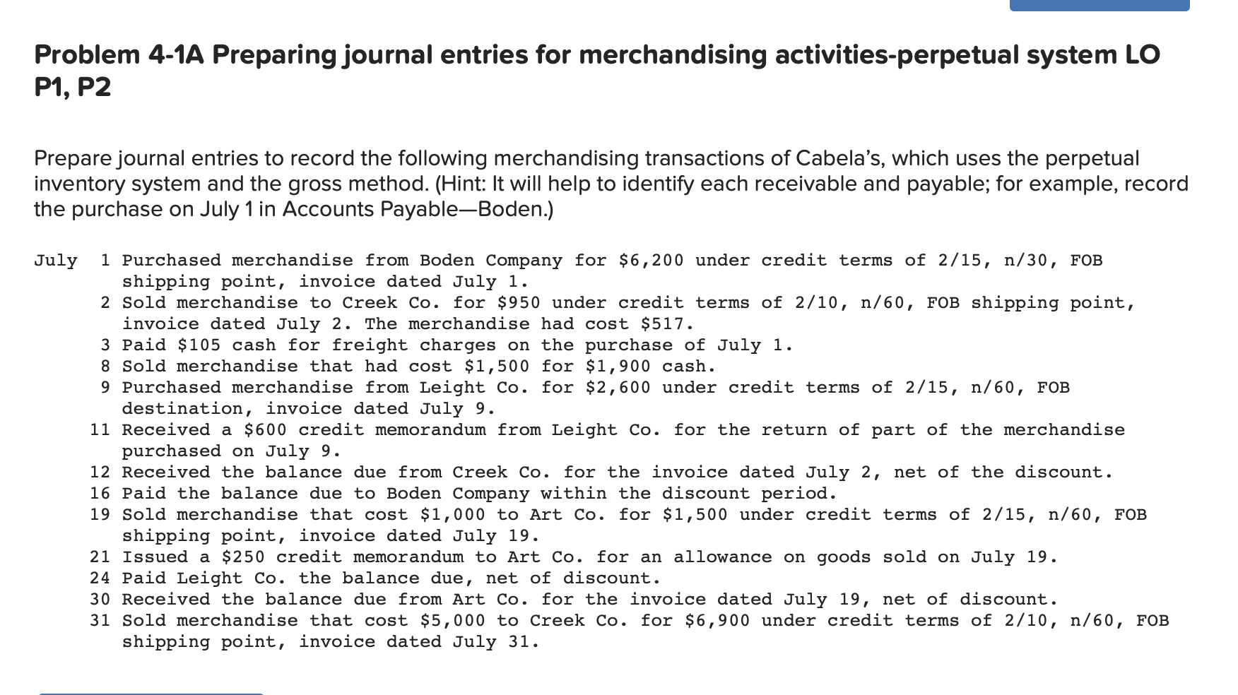 Solved Problem 4-1A Preparing journal entries for | Chegg.com