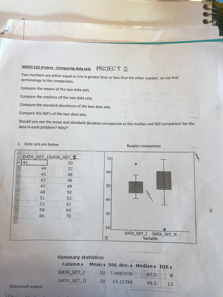 Solved MATH 125 Project - Comparing data sets PROJECT 2 Two | Chegg.com