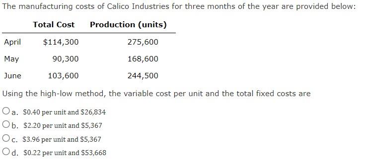 Solved Using the high-low method, the variable cost per unit | Chegg.com