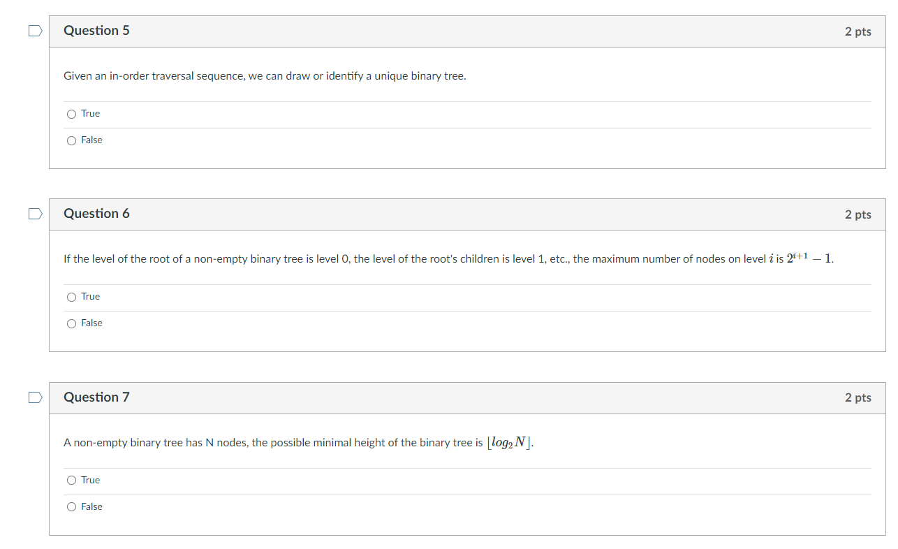 Solved U Question 5 2 pts Given an in-order traversal | Chegg.com