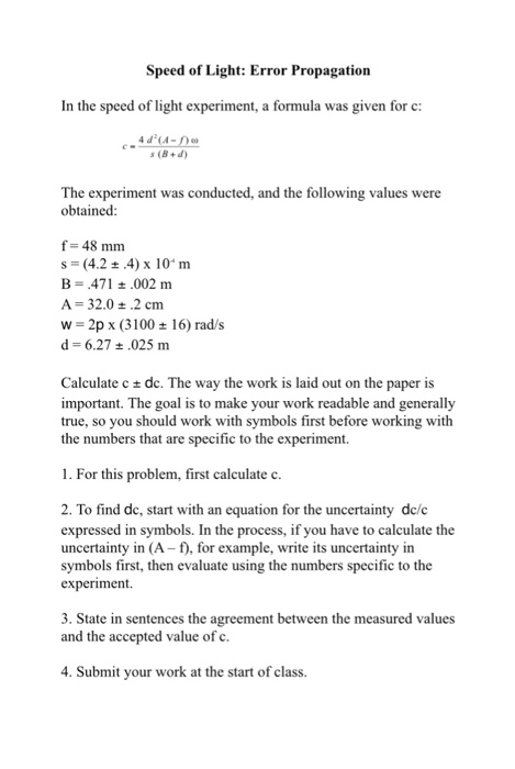 Solved Speed of Light: Error Propagation In the speed of | Chegg.com