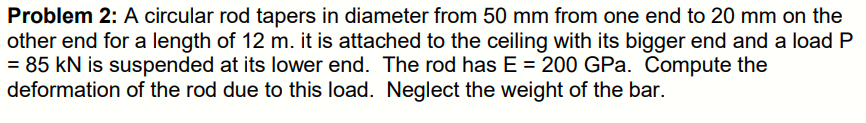 Solved Problem 2: A circular rod tapers in diameter from 50 | Chegg.com