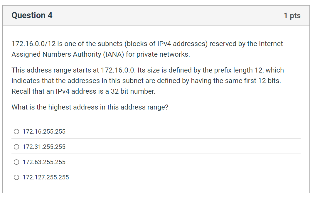 Solved Question 4172.16.0.0/12 ﻿is one of the subnets | Chegg.com