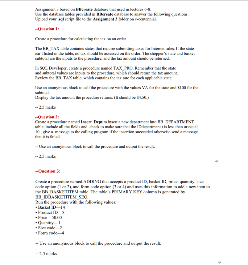 Solved Assignment 3 based on BBcreate database that used in | Chegg.com