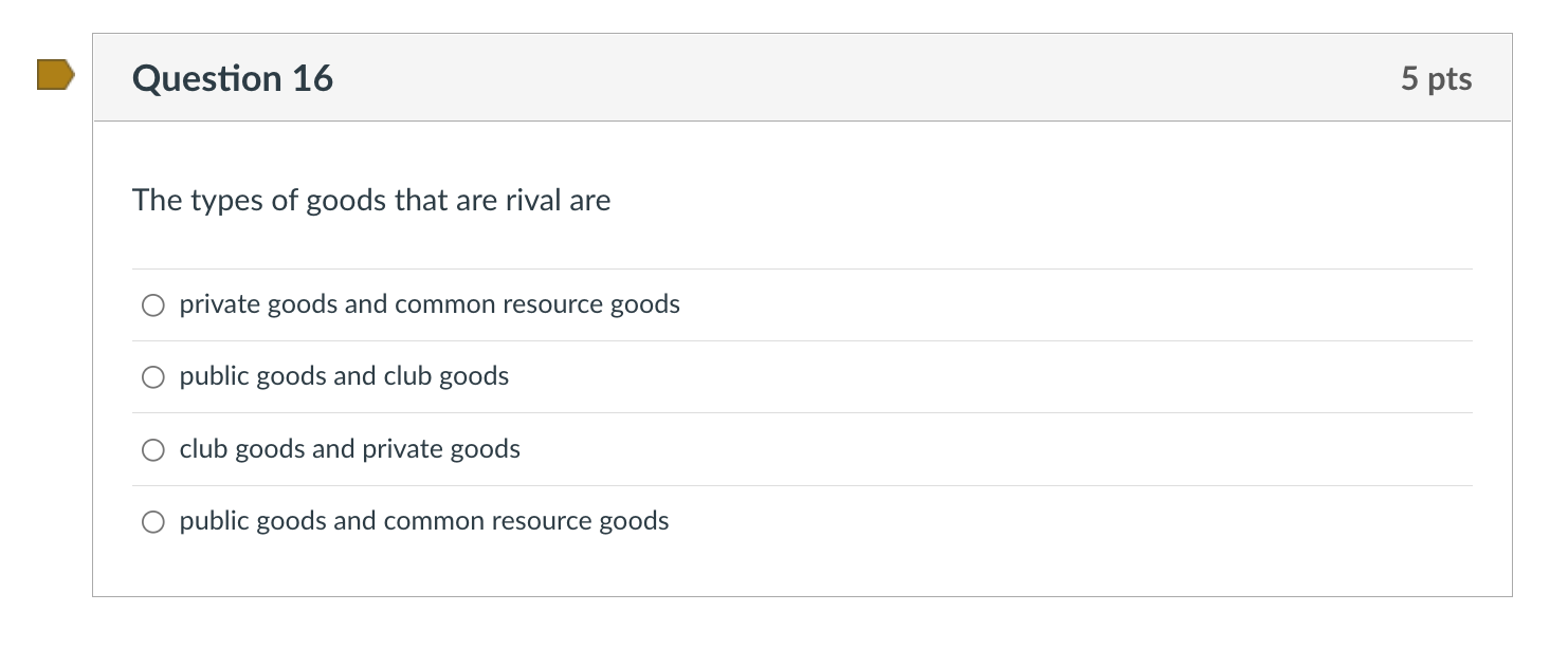 Solved Question 16 5 pts The types of goods that are rival | Chegg.com