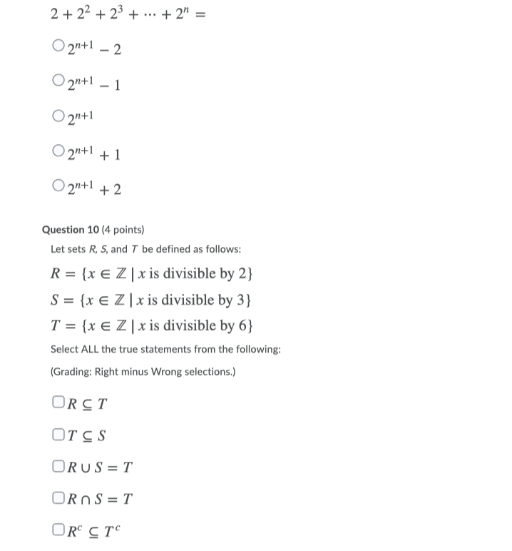 Solved 2 + 22 + 23 + ... + 2" = O2n+1 - 2 O2n+1 - 1 O2n+1 | Chegg.com