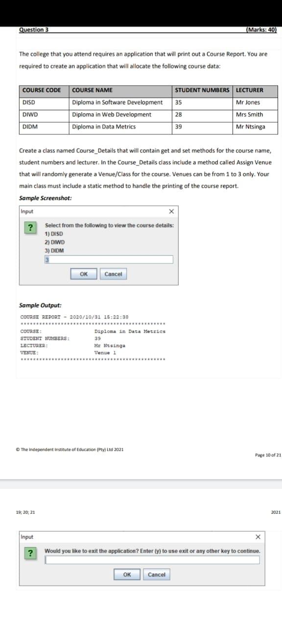 Solved Question 3 (Marks: 40) The college that you attend | Chegg.com