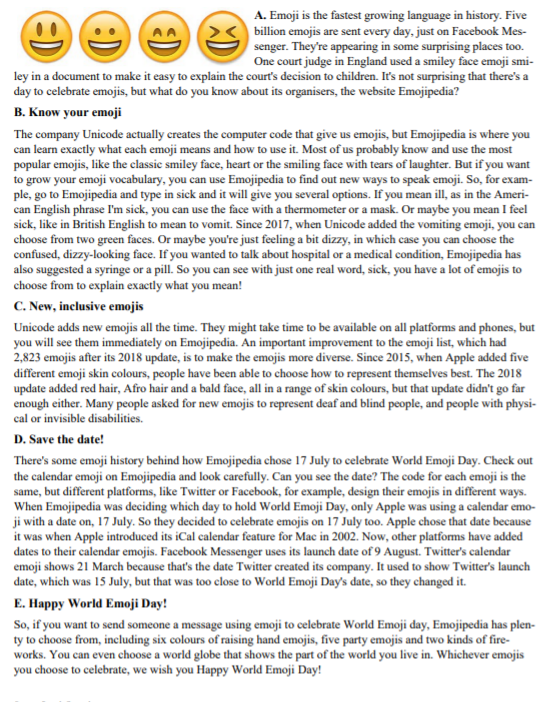 Reading 5: World Emoji Day Active Reading 1. What | Chegg.com