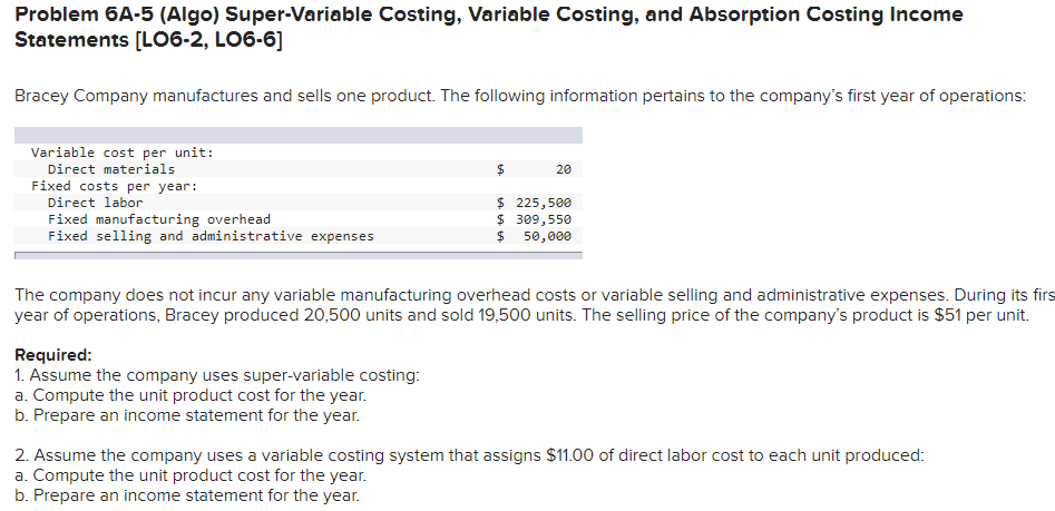 Solved Problem 6A-5 (Algo) Super-Variable Costing, Variable | Chegg.com