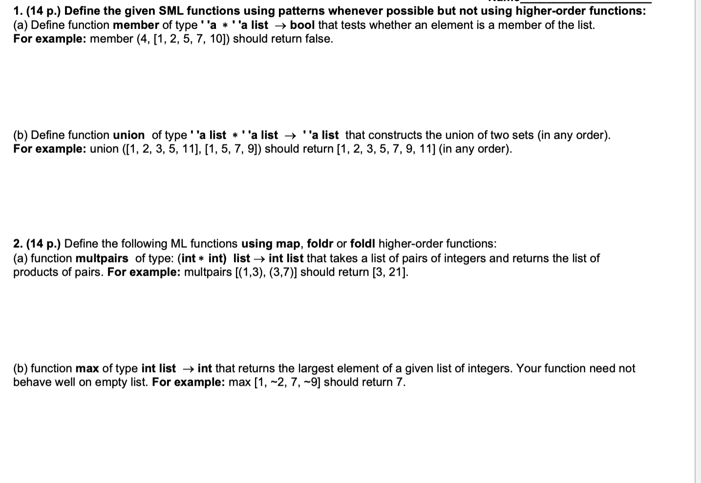 1. (14 p.) Define the given SML functions using | Chegg.com