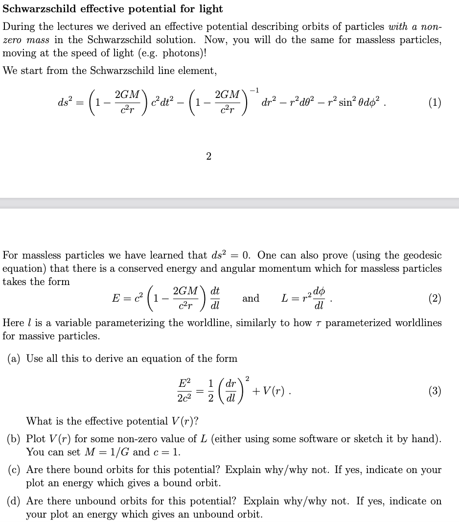 Solved Schwarzschild effective potential for light During | Chegg.com