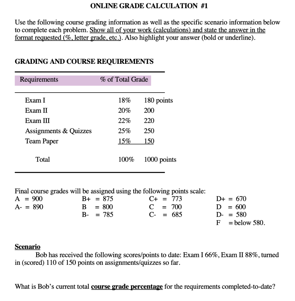 Solved ONLINE GRADE CALCULATION #1 Use the following course | Chegg.com