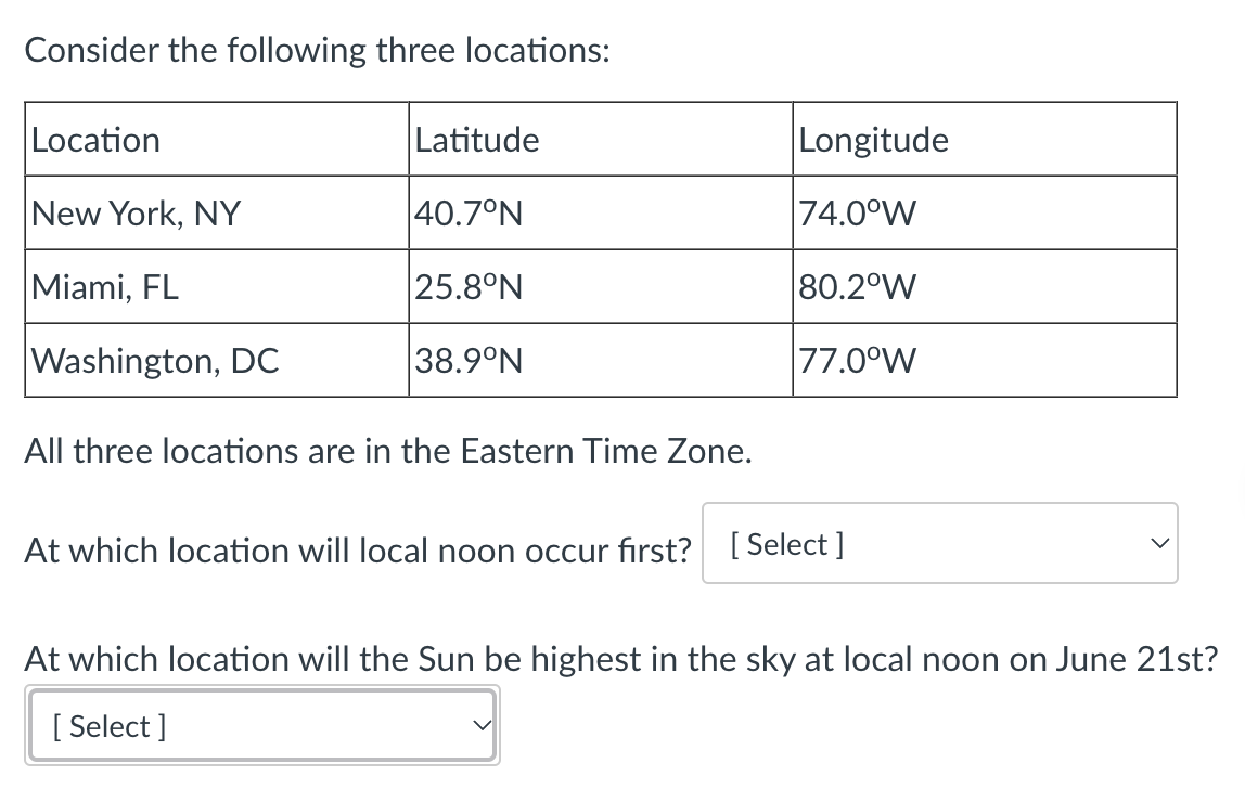 Solved Consider the following three locations: All three | Chegg.com