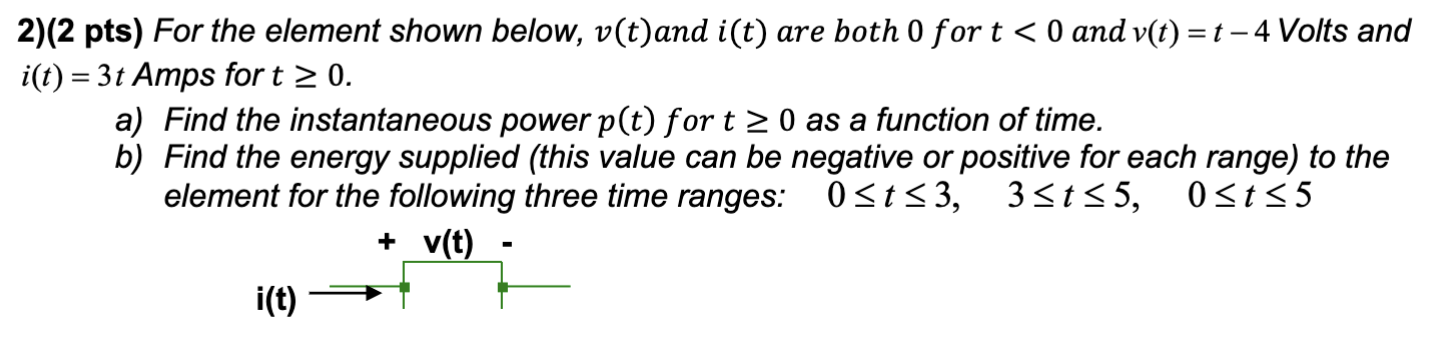 Solved (2 ﻿pts) ﻿For the element shown below, v(t) ﻿and i(t) | Chegg.com