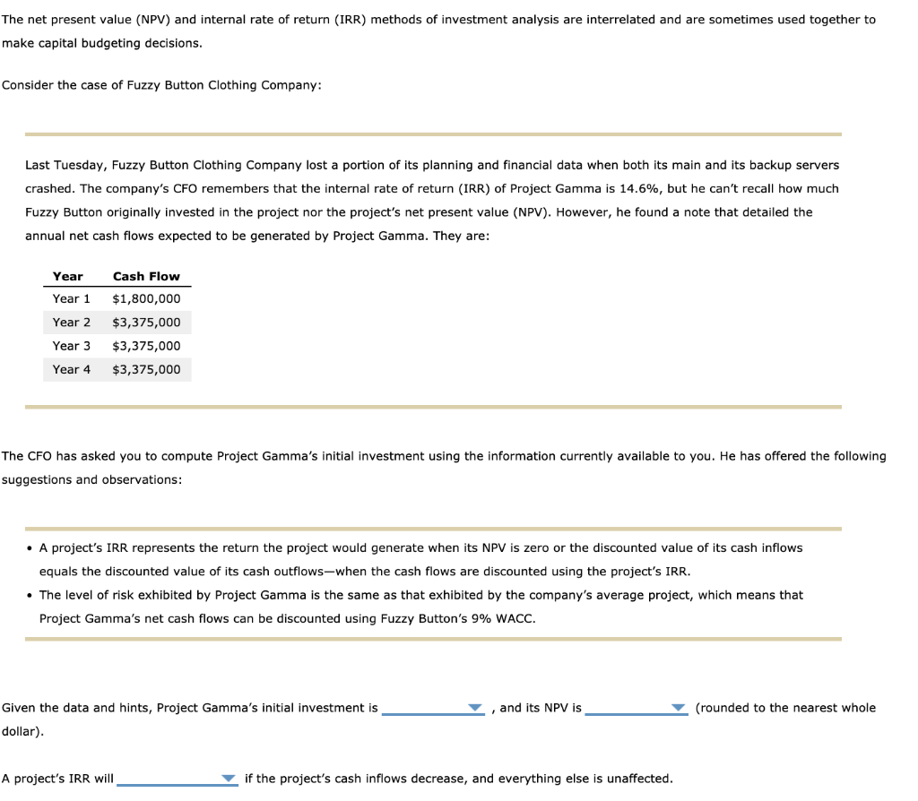 Solved The net present value (NPV) and internal rate of | Chegg.com