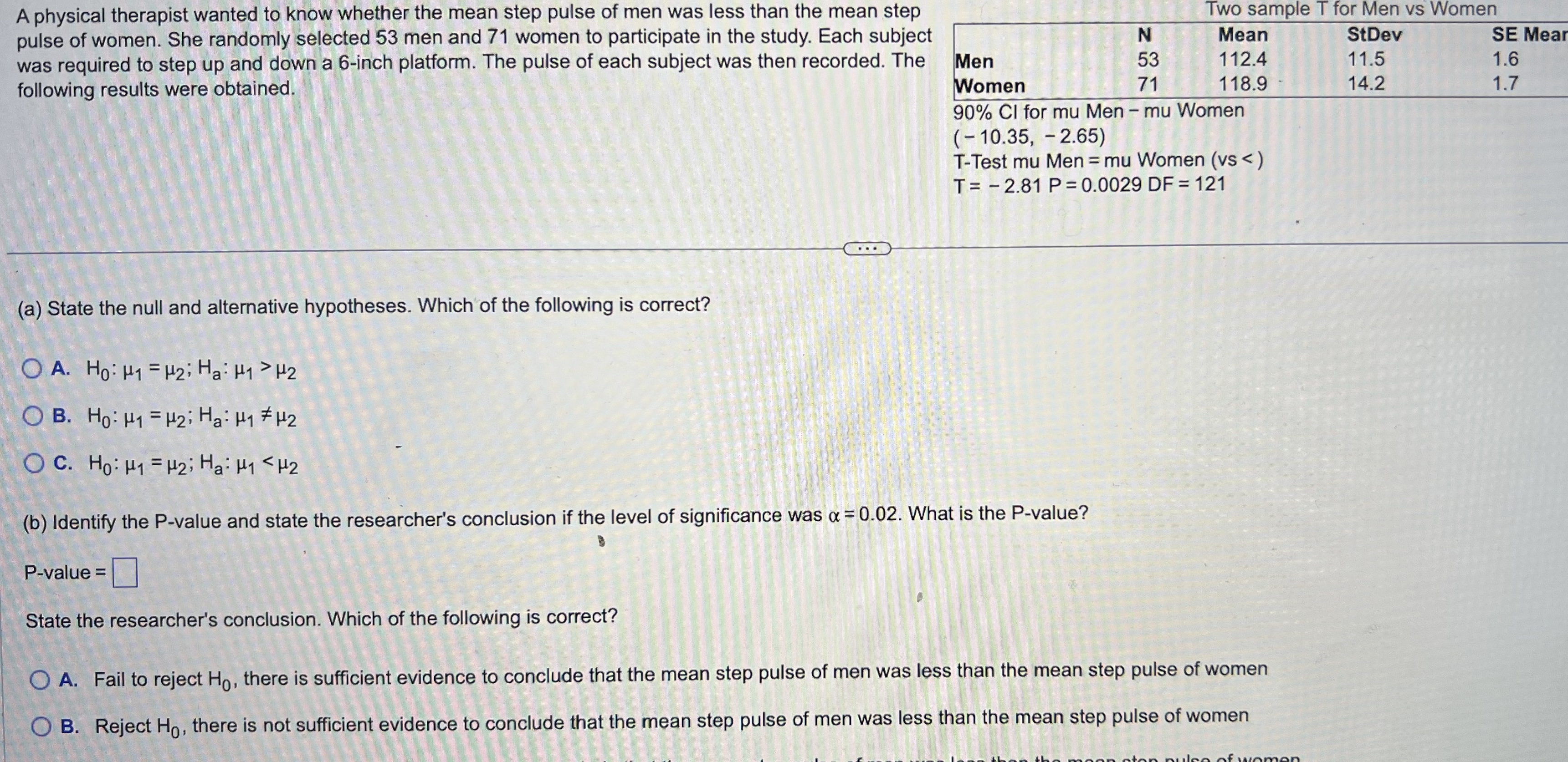 Solved A physical therapist wanted to know whether the mean | Chegg.com