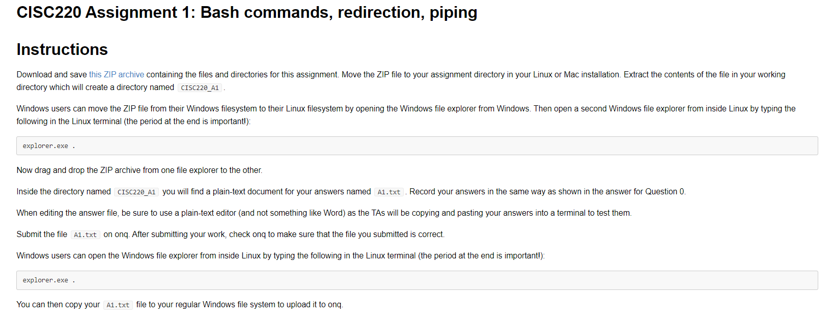 Solved CISC220 Assignment 1: Bash commands, redirection, | Chegg.com